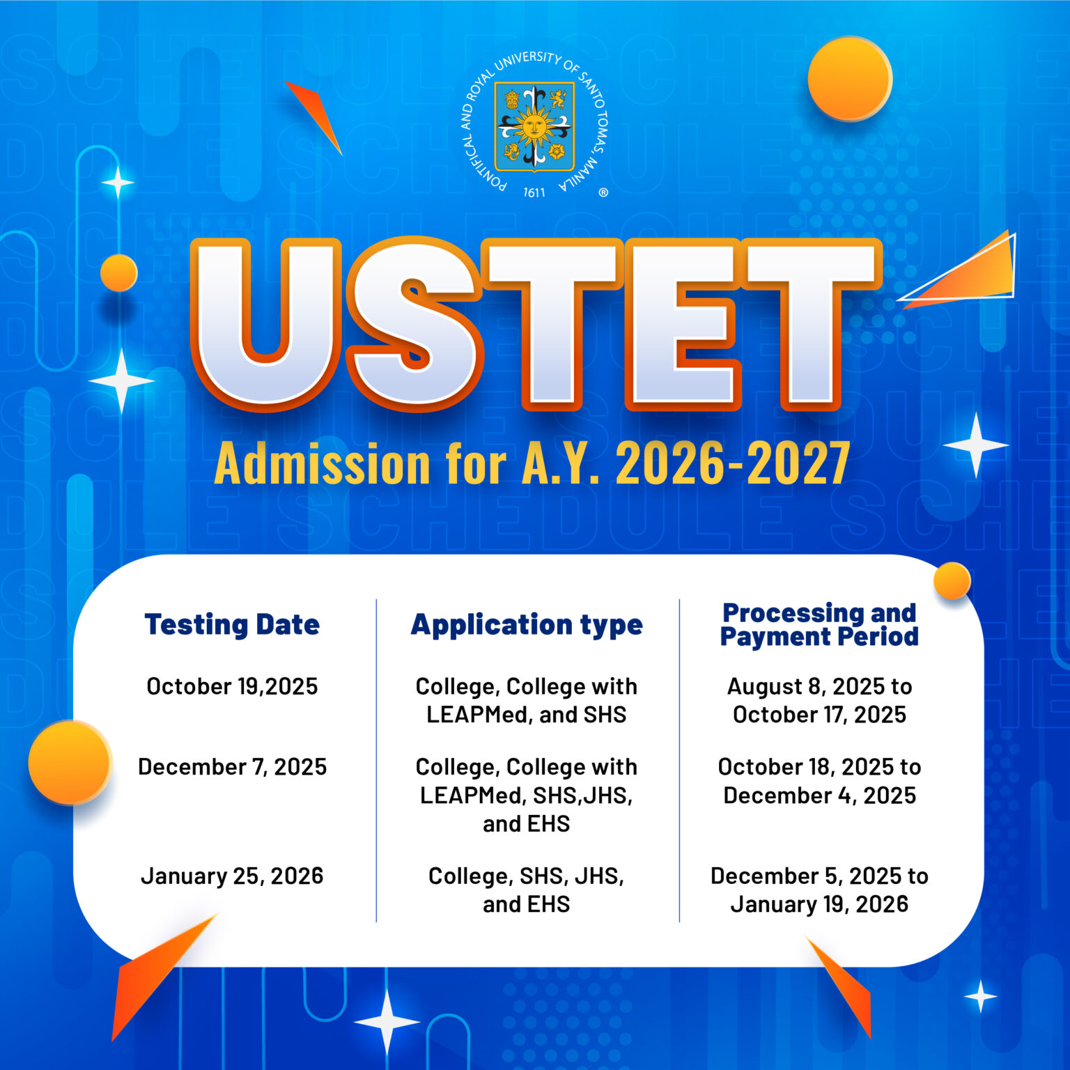 USTET 2026 Testing Dates for A.Y. 2026-2027 – OFAD
